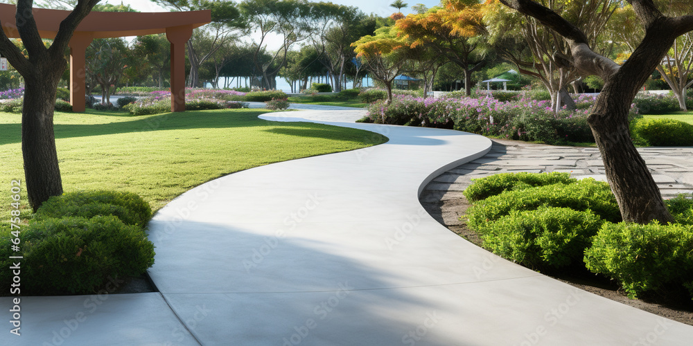 Walkway and landscape in garden, park. Also called path, footpath ...