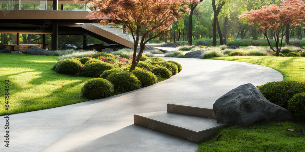 Walkway and landscape in garden, park. Also called path, footpath ...