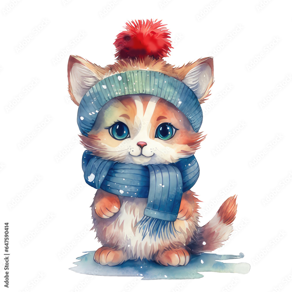 Cute watercolor cat wearing hat. Illustration with transparent ...