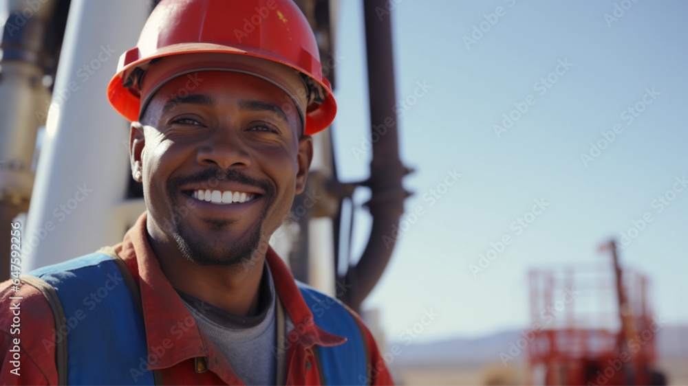 An oilfield worker on an oil rig, wearing a red hard hat, safety ...