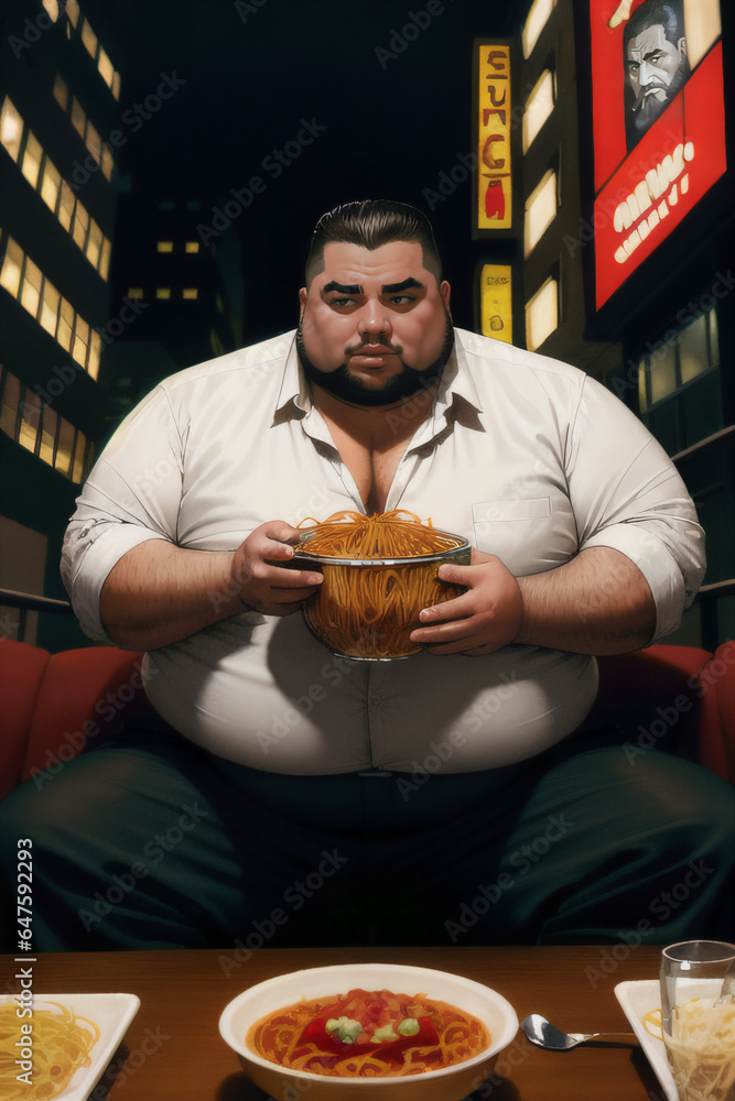fat man eating spaghetti out of big bowl. Extremely detailed and ...