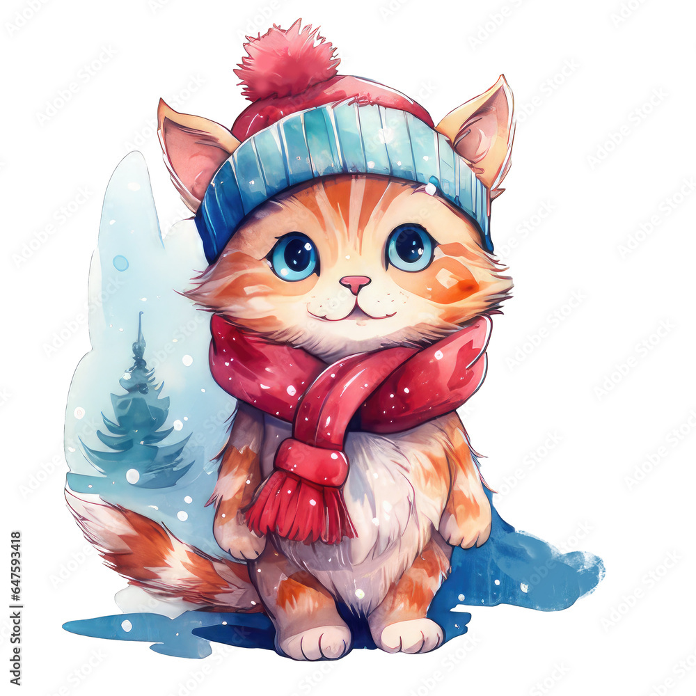 Cute watercolor cat wearing hat. Illustration with transparent ...