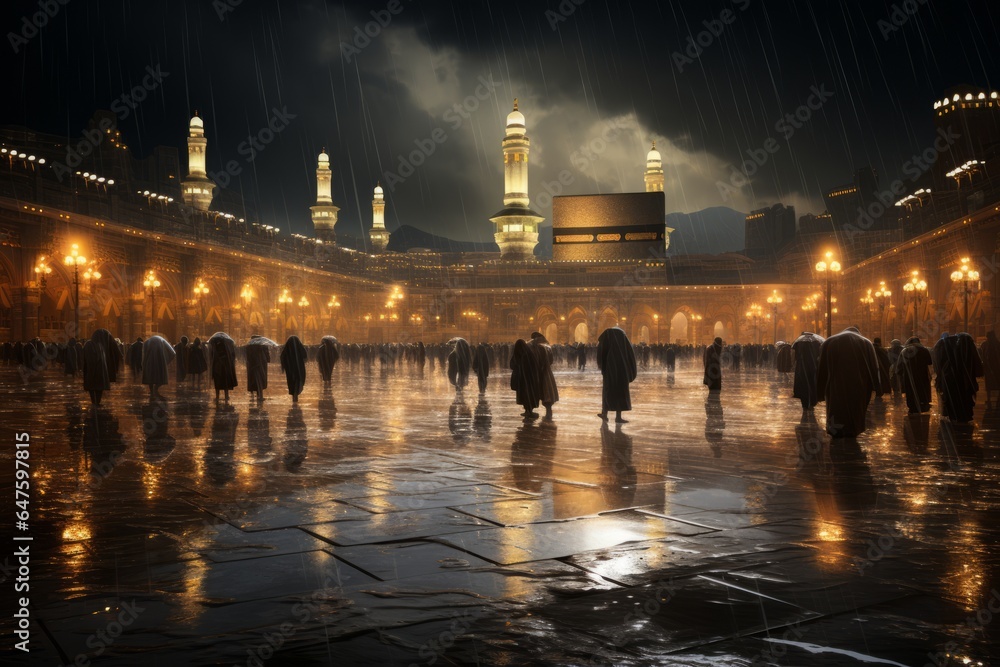 Kaaba at night, bathed in soft light during the Hajj season, on a gray ...