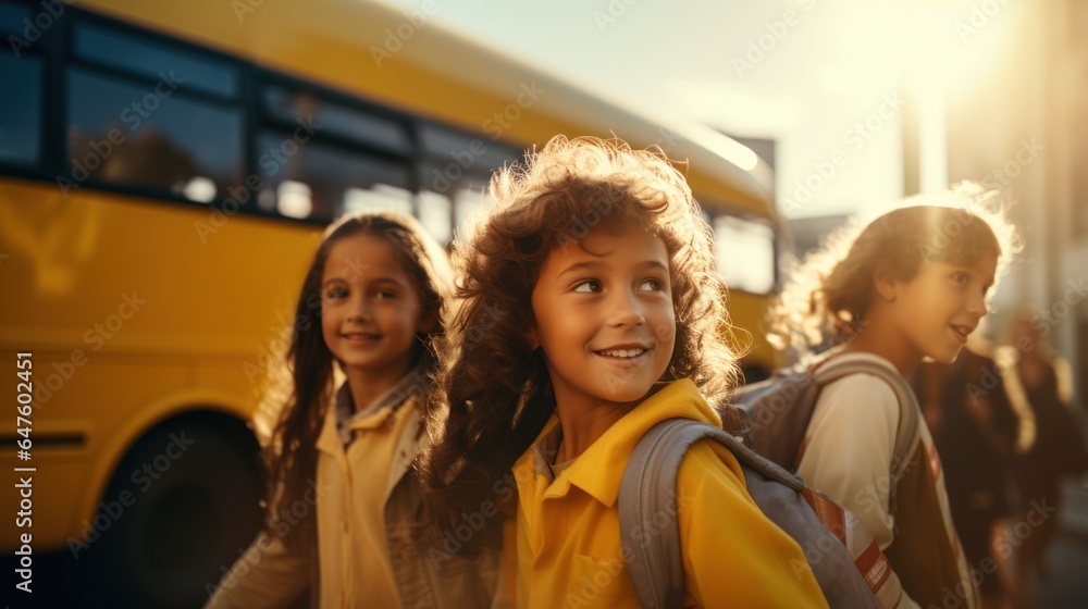 Happy children in front of yellow school buss. A group of kids learn ...