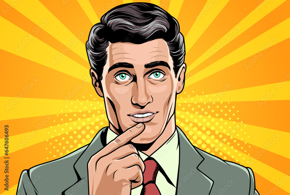 Surprised young businessman with wide open eyes holding hand next to ...