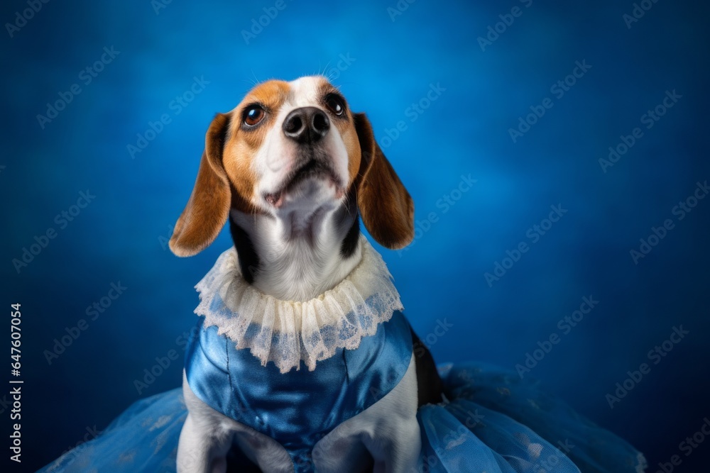 Medium shot portrait photography of a happy beagle wearing a frilly ...