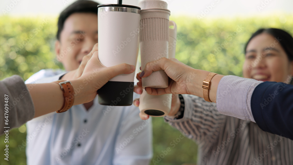 Gen Z asia people group save the planet earth relax cheers coffee drink ...