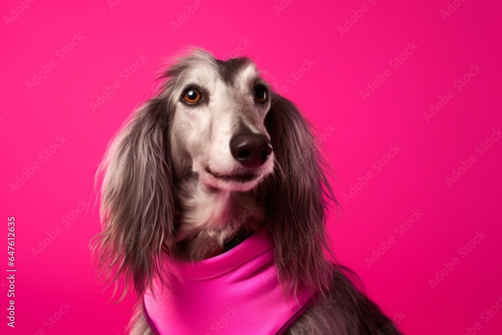 Medium shot portrait photography of a smiling afghan hound dog wearing a sports jersey against a ...