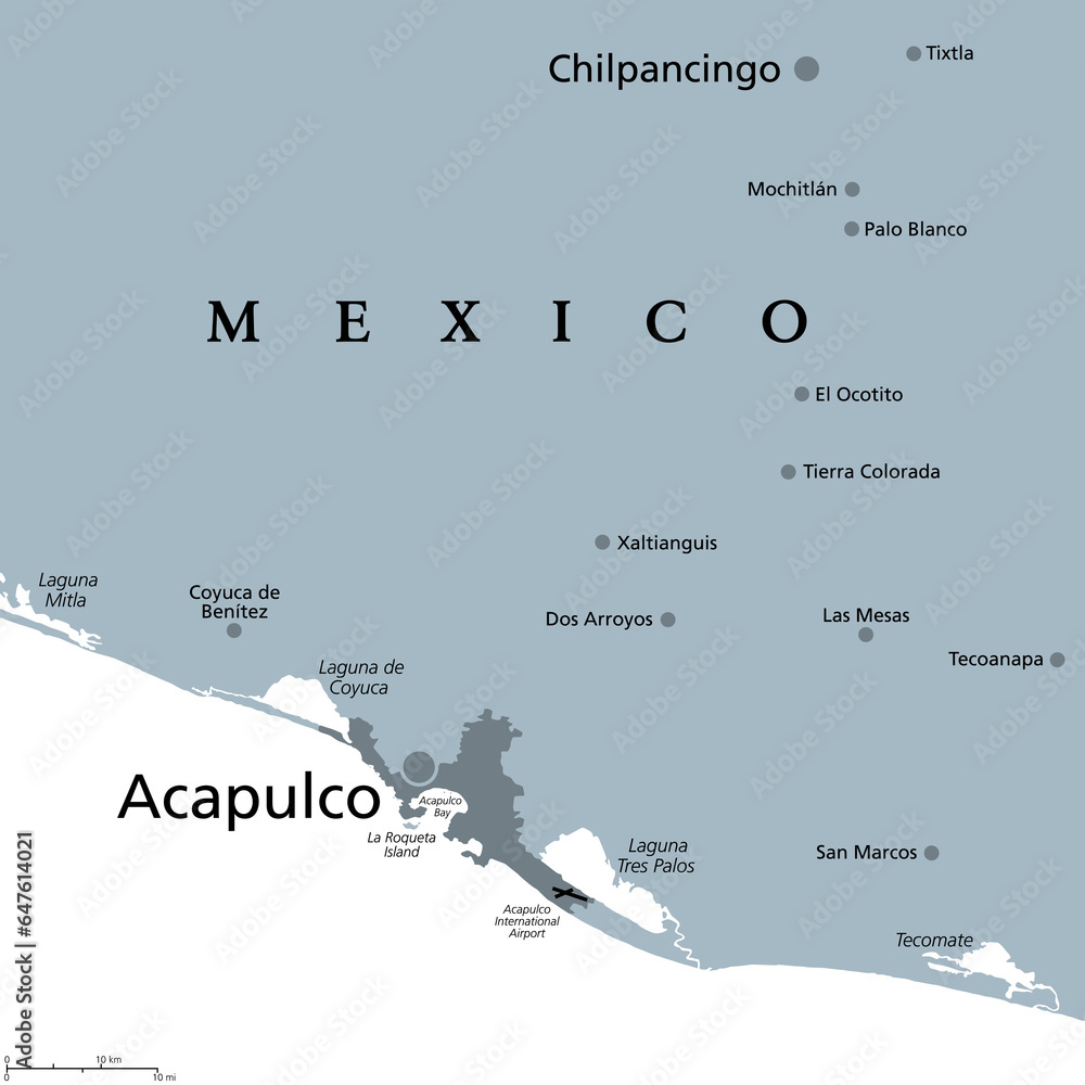 Acapulco and surroundings, gray political map. Acapulco de Juarez, city ...