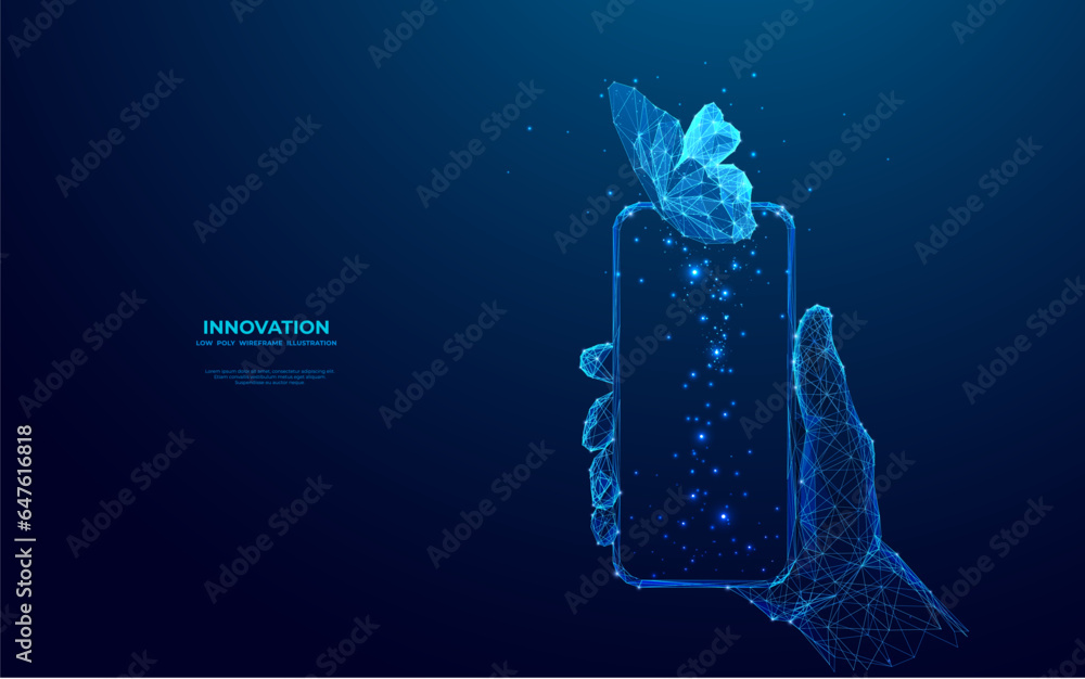 Digital butterfly flies away from the smartphone screen. Abstract close ...