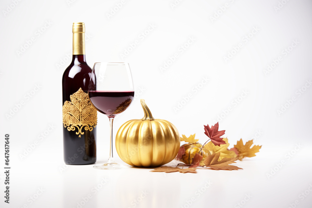 Fall wine bottle and red wine glass and gold pumpkin and fall leaves ...