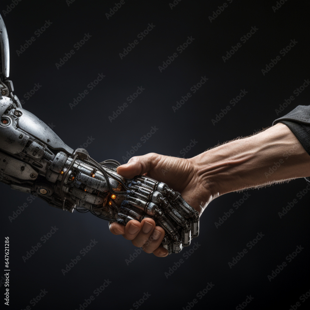 Fotografia de apreton de manos entre un humano y un robot humanoide con ...