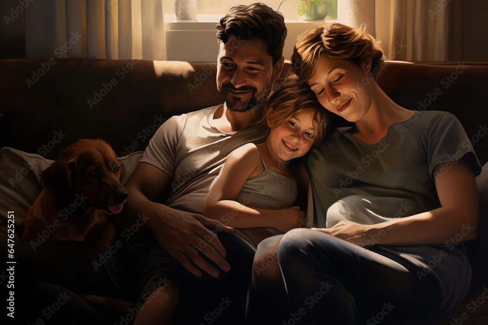 Happy modern American family sitting on a modern house couch. close-up ...