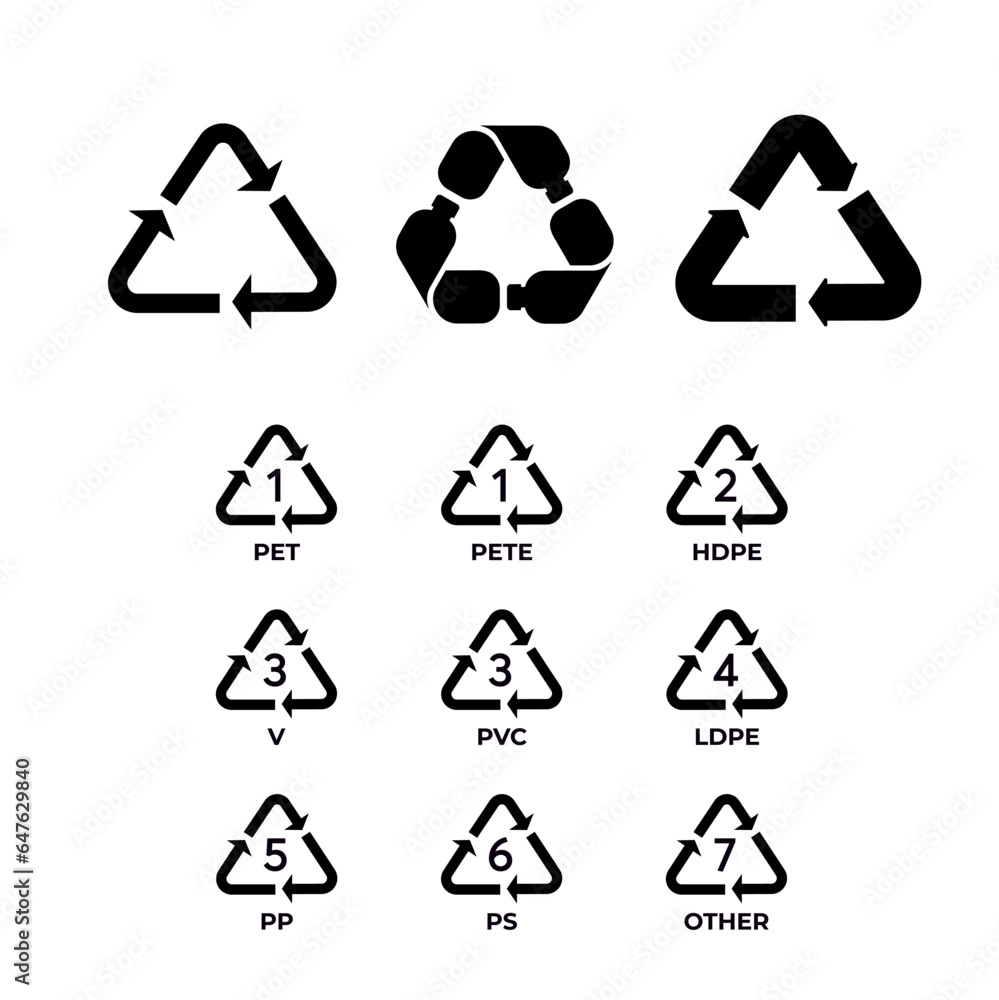 Set of plastic recycling symbols. PET, PETE, HDPE, PVC LDPE,PS... Stock ...