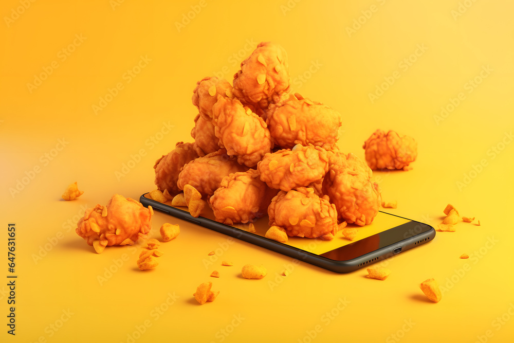 Online food delivery. Fried chicken on smartphone with yellow ...
