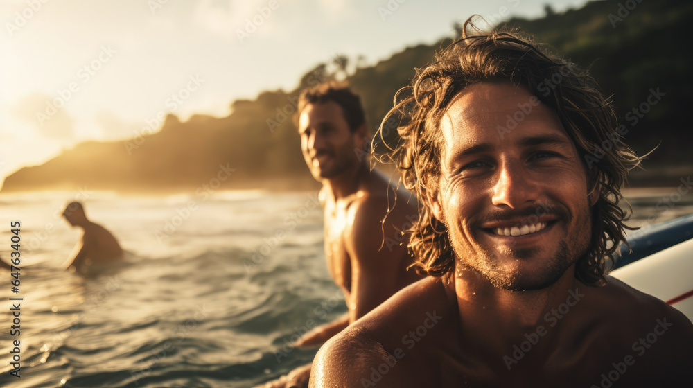 Smiling man with a surfboard is surfing while relaxing in the ocean ...