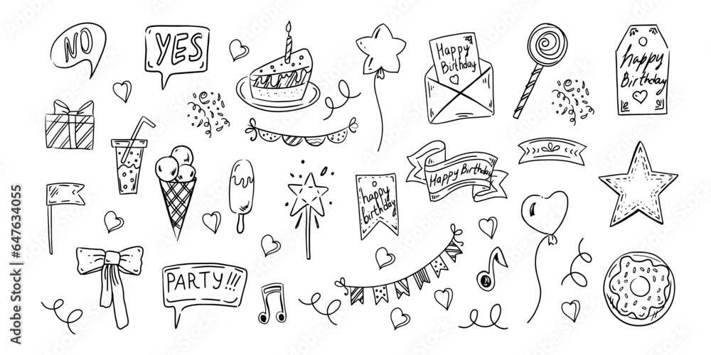 Birthday doodle set. Hand drawn vector Happy Birthday sketches on white ...
