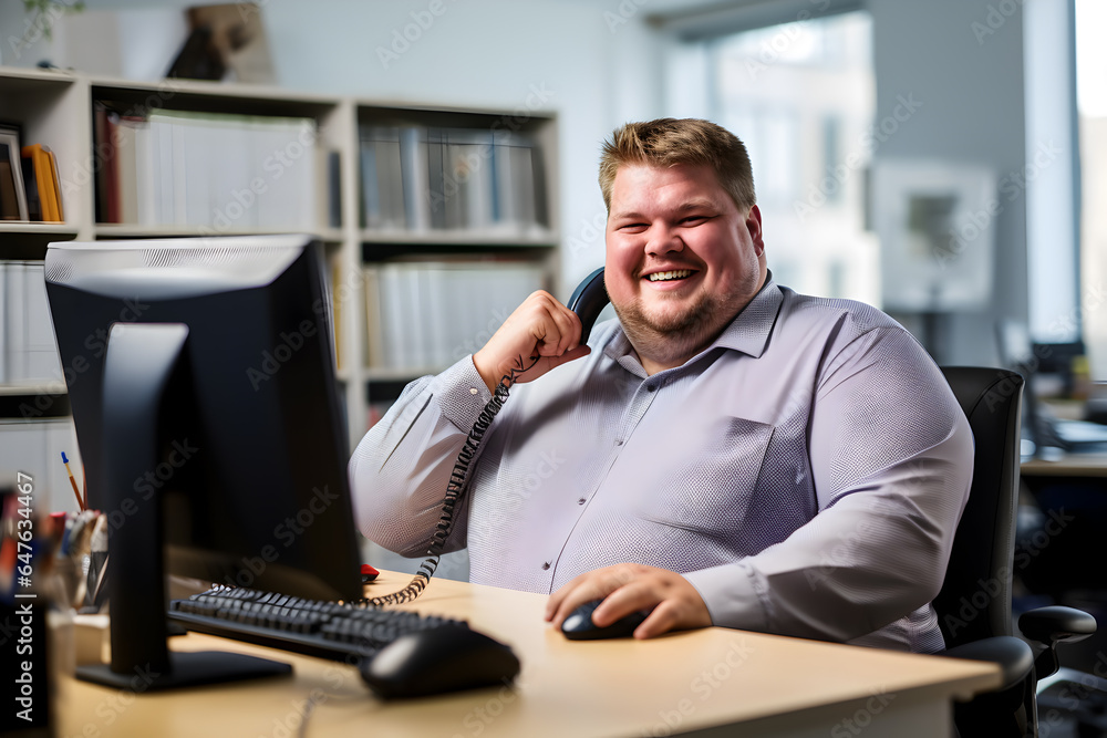 Plus size manager talking on the phone with a customer at a work desk ...