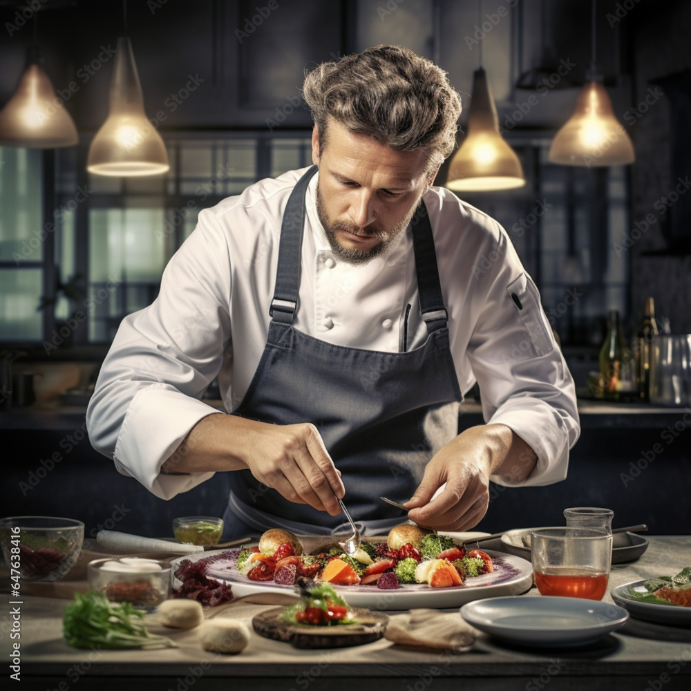Fotografia de chef acabando de preparar platos en un restaurante lujoso ...