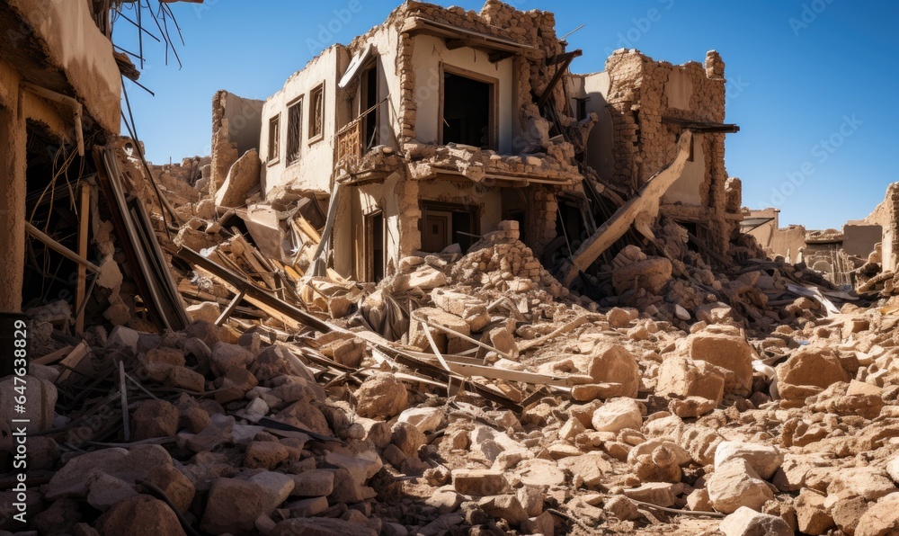 City destroyed by an earthquake. Ruined buildings houses that collapsed ...