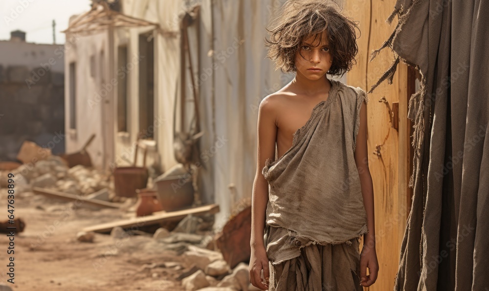 Lonely, helpless sad child boy wearing dirty, torn clothes on ruins of ...