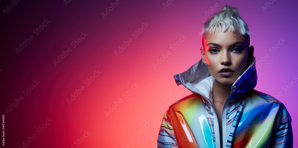 Androgynous model in reflective geometric attire isolated on a neon ...