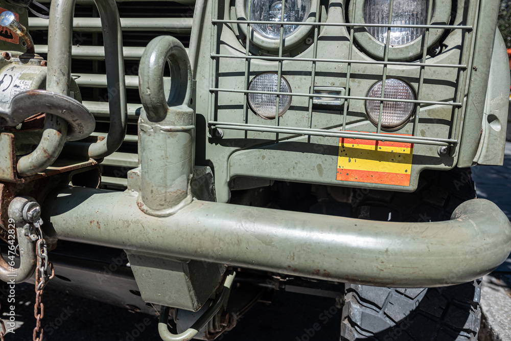 Detail of an all-terrain vehicle of the Spanish Army. Military veh ...