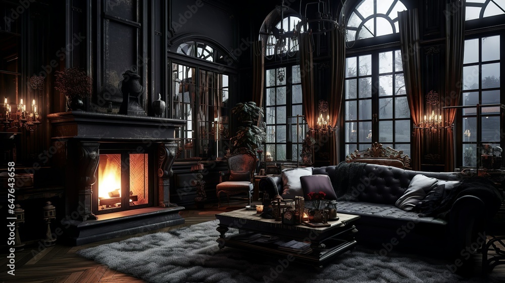 Dark victorian mansion living room with curtain and cozy fireplace with ...
