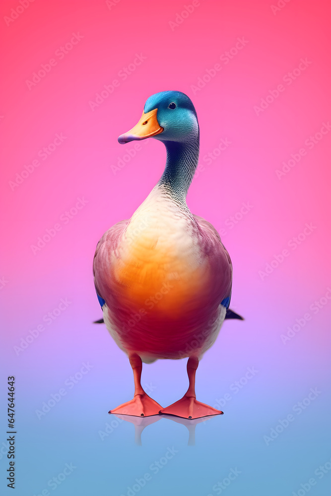 Full body portrait of the handsome duck isolated on the pink pastel ...