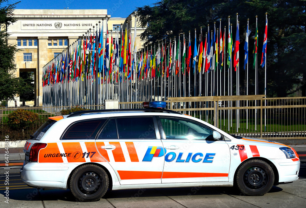 Geneva, Switzerland, Europe - police car in front of Palace of Nations ...