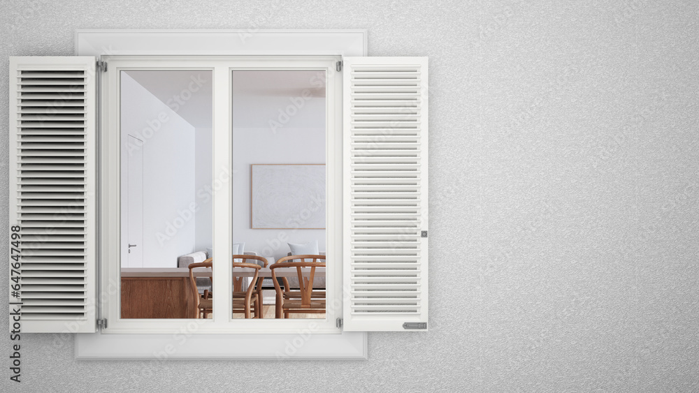 Exterior plaster wall with white window with shutters, showing interior ...