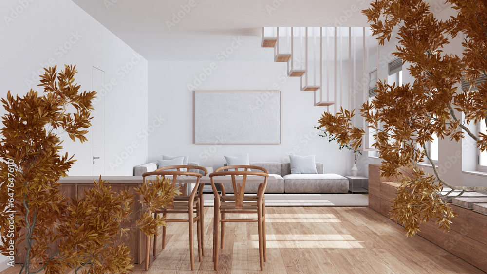 Orange yellow and red fall leaves, tree branch over interior design ...