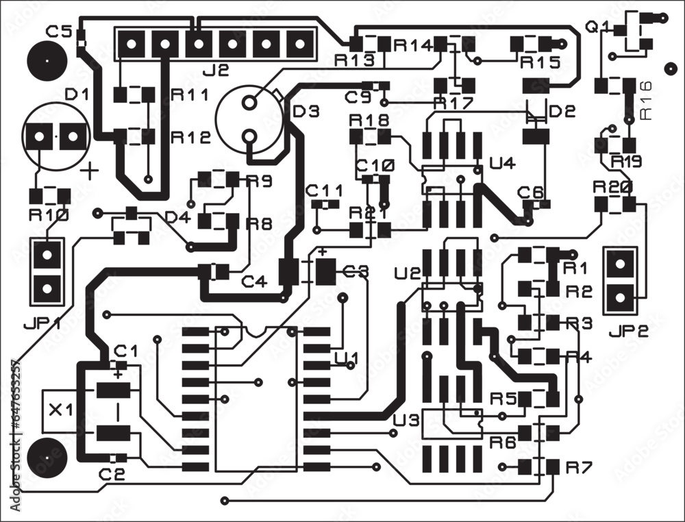Tracing the conductors of a multilayer printed circuit board. Vector ...