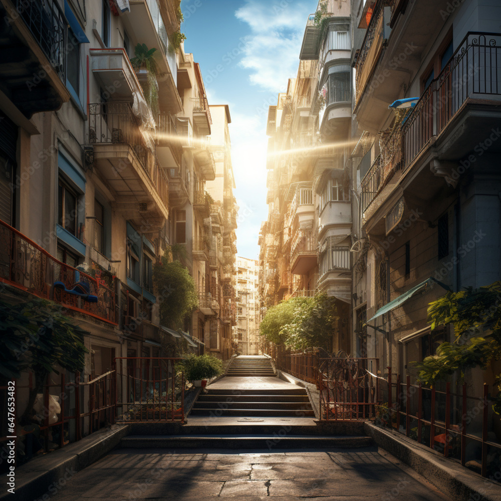 Fotografia con detalle de calle con escaleras, entre edificios clasicos ...