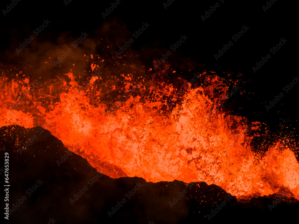 Aerial view of lava flowing from Litli-Hrutur (Little Ram) Volcano ...
