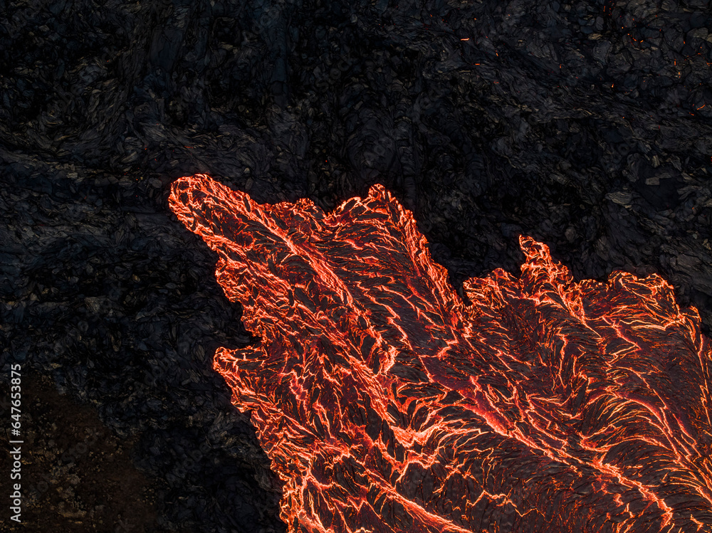 Aerial view of lava flowing from Litli-Hrutur (Little Ram) Volcano ...