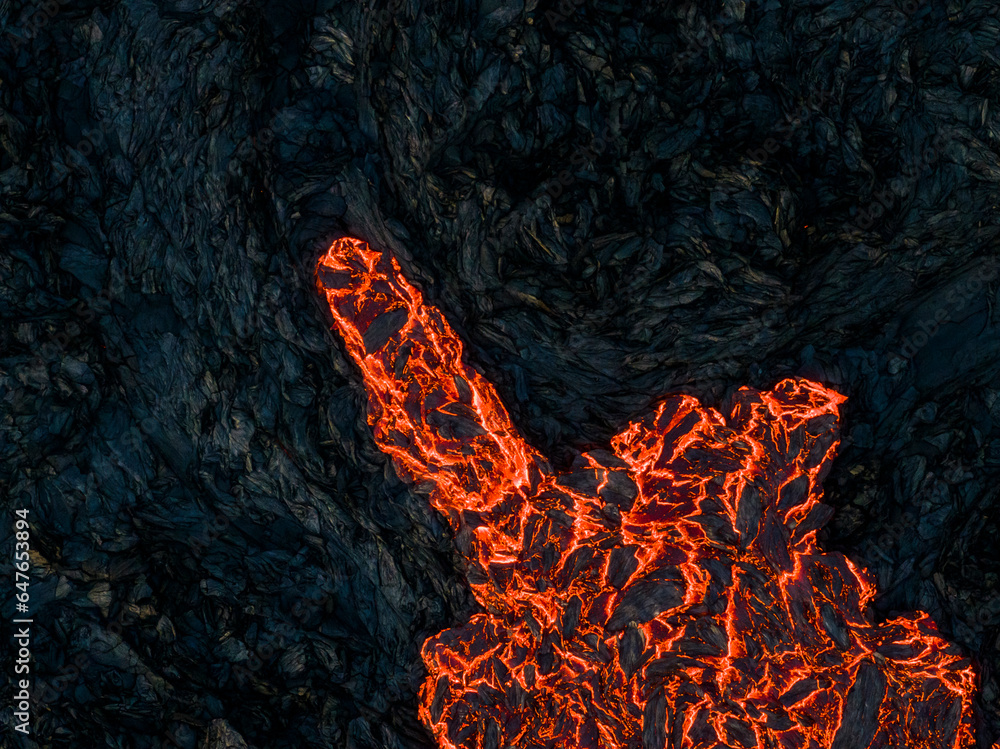 Aerial view of lava flowing from Litli-Hrutur (Little Ram) Volcano ...