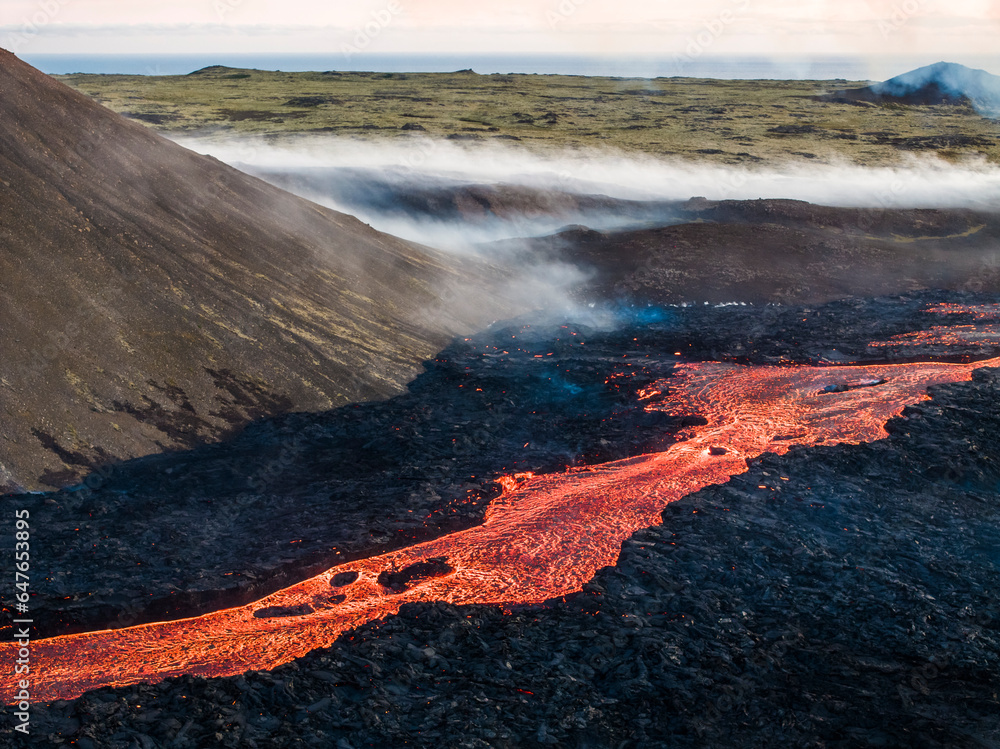 Aerial view of Litli-Hrutur (Little Ram) Volcano during an eruption on ...