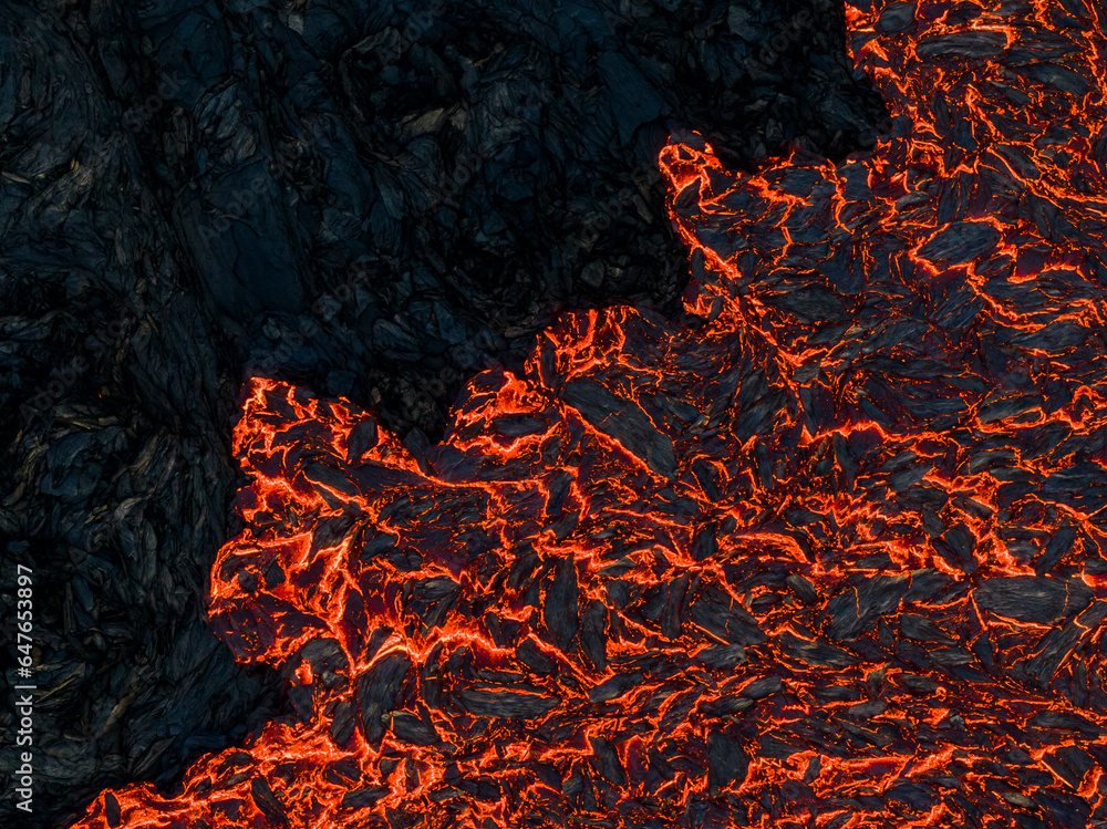 Aerial view of lava flowing from Litli-Hrutur (Little Ram) Volcano ...