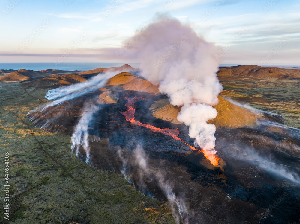 Aerial view of Litli-Hrutur (Little Ram) Volcano during an eruption on ...