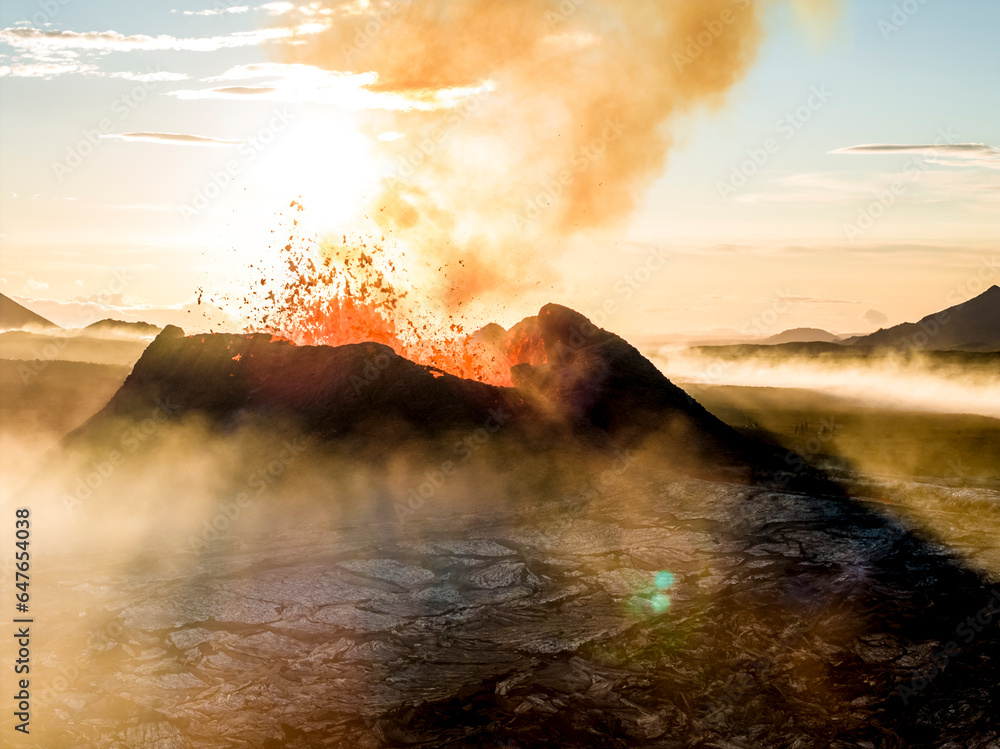 Aerial view of Litli-Hrutur (Little Ram) Volcano during an eruption on ...