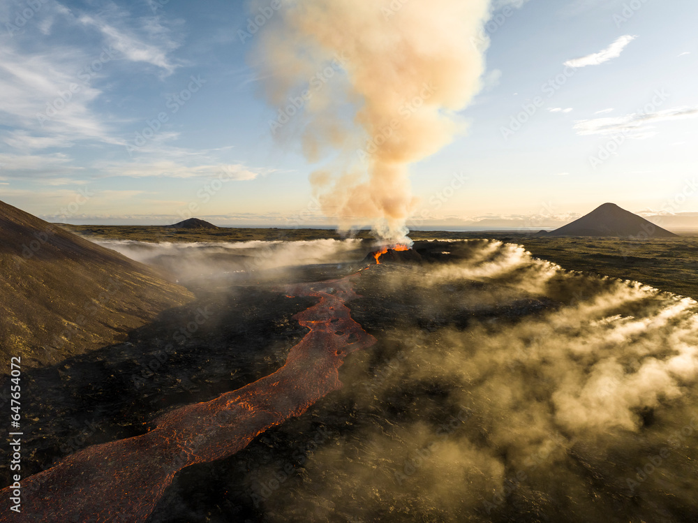 Aerial view of Litli-Hrutur (Little Ram) Volcano during an eruption on ...
