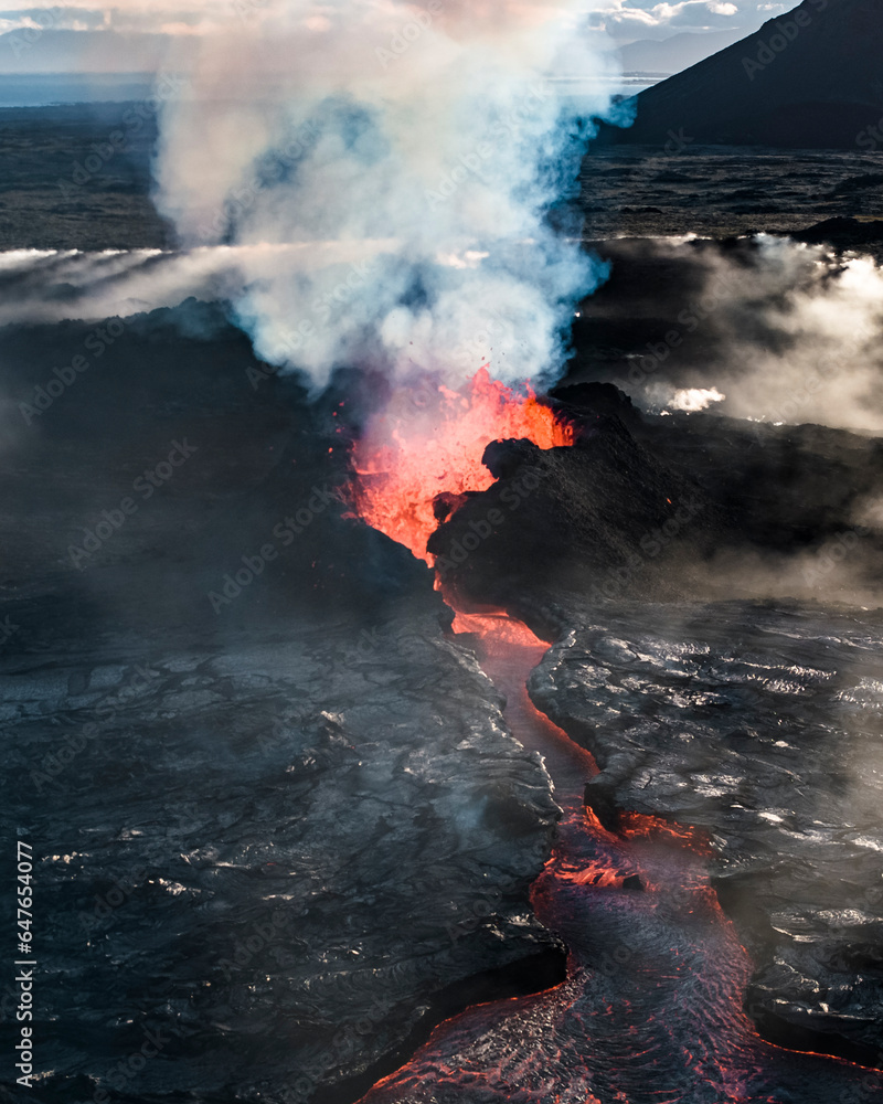 Aerial view of Litli-Hrutur (Little Ram) Volcano during an eruption on ...