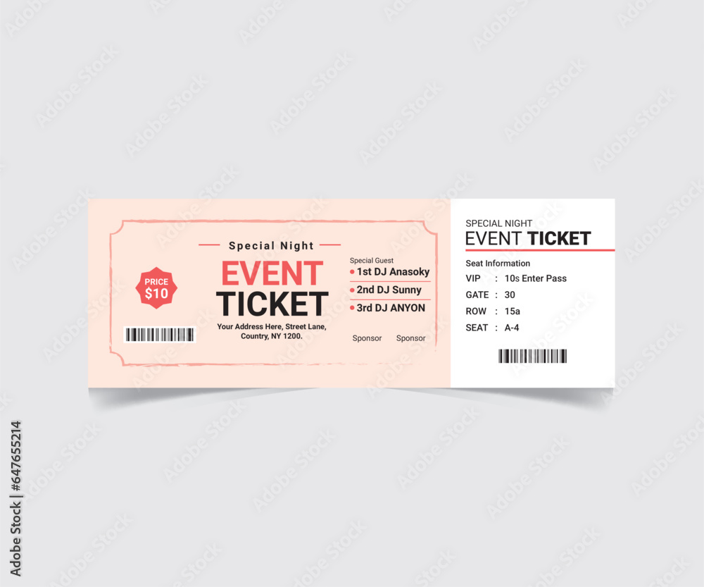 Event Ticket, Concert Ticket, Musical Program Ticket Template Vector ...