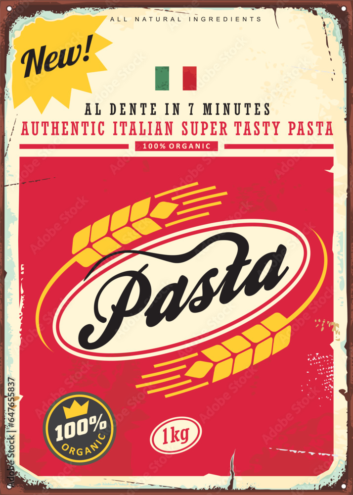 Vintage metal advertising sign for pasta. Italian food retro poster or ...