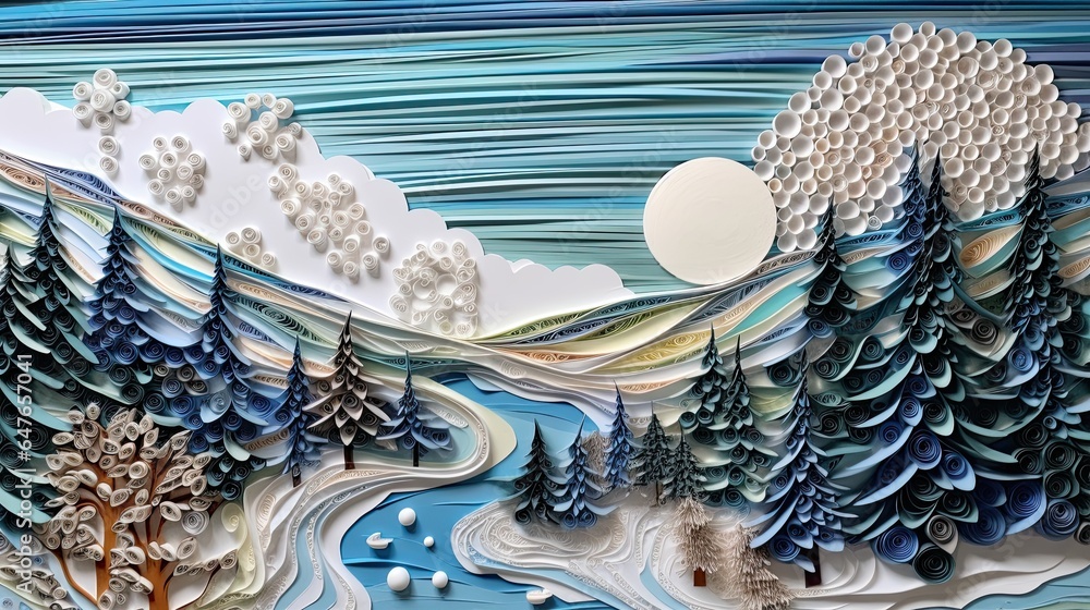 Paper Quilling of Snowy River Landscape, Generative AI Illustration ...