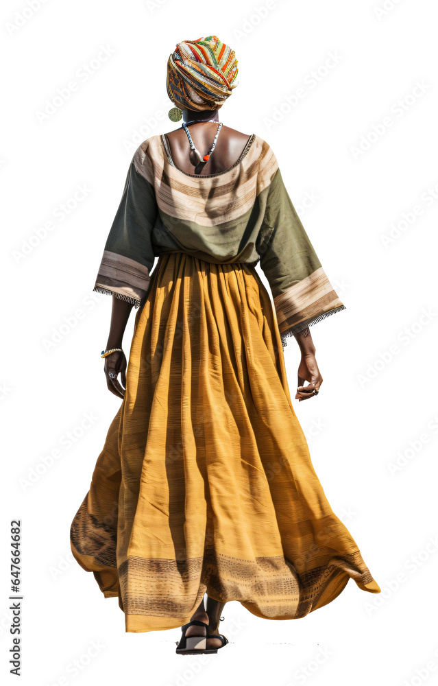 Walking African woman in traditional dress, back view, isolated on the ...