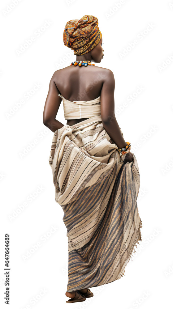 Walking African woman in traditional dress, back view, isolated on the ...