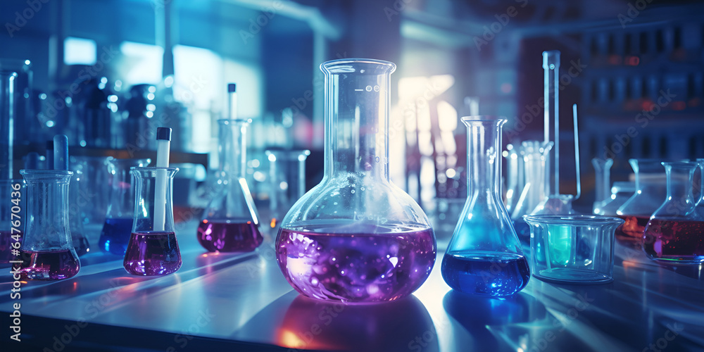 Chemical Laboratory Background, Erlenmeyer flasks beaker on Bench ...