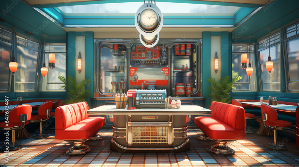 Retro vintage diner restaurant, interior design, stylish old fashioned ...